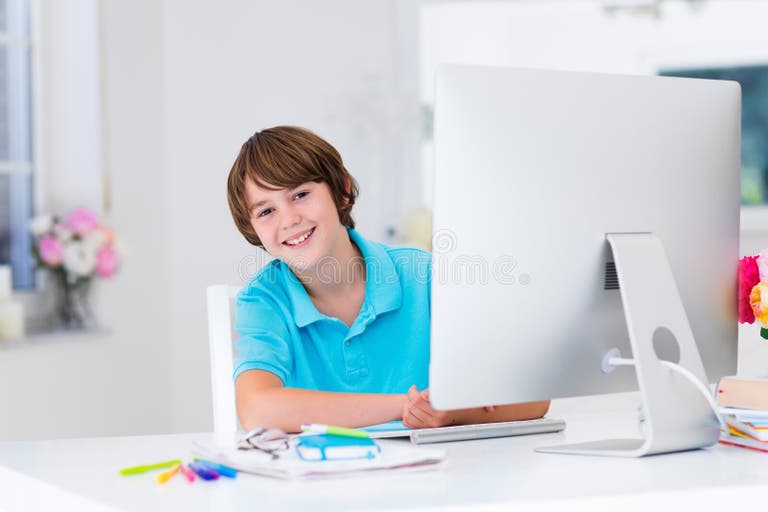 Boy Doing Homework with Modern Computer Stock Image - Image of ...