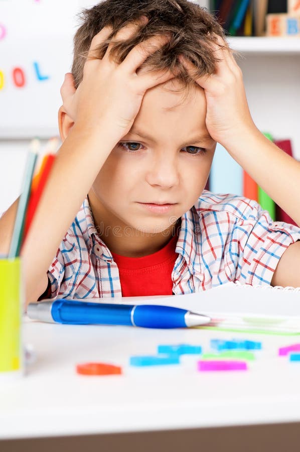 Stressed Schoolgirl Studying in Classroom Stock Image - Image of pupil ...