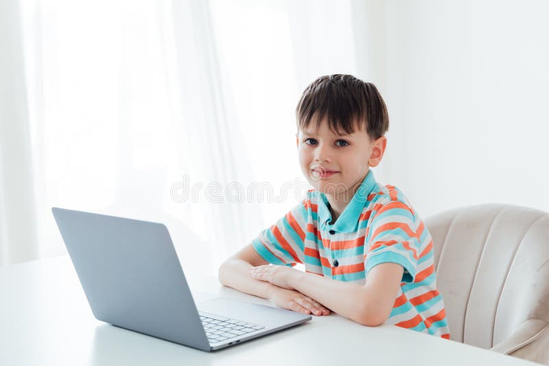 Boy Doing Online Learning with Laptop Stock Image - Image of children ...