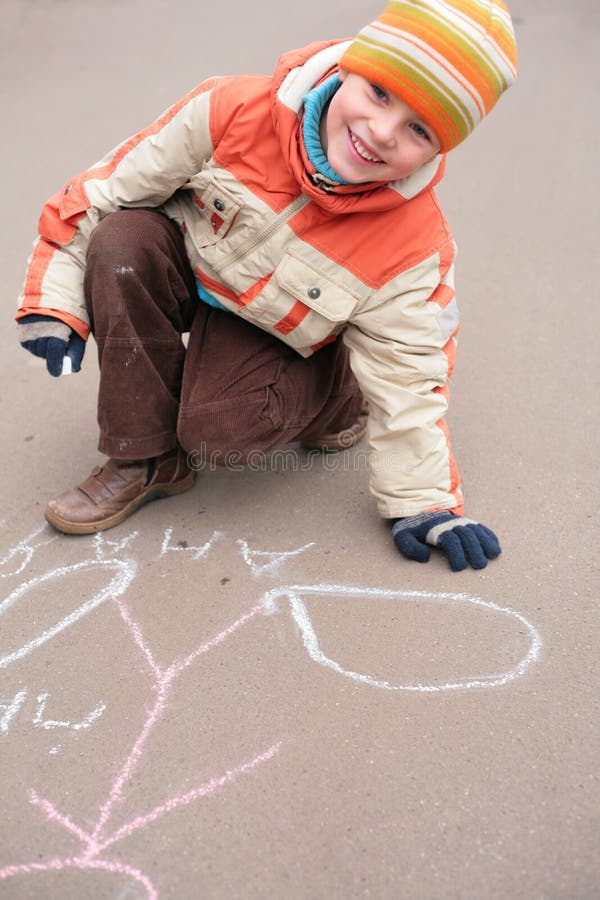 Boy Drawing by Chalk on Asphalt Stock Photo - Image of high, colorful ...