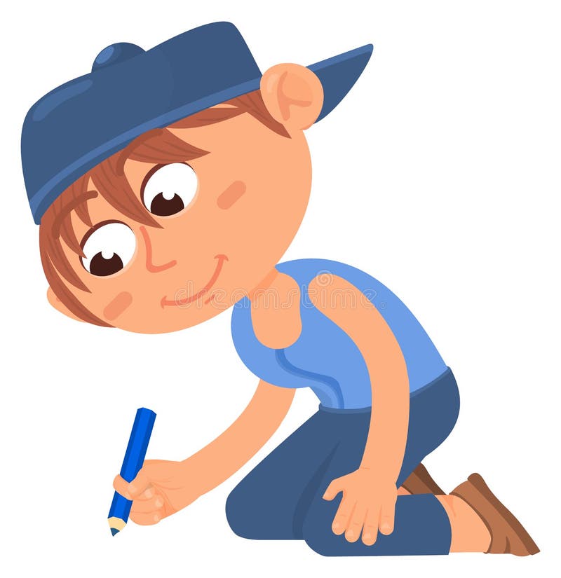 Boy Drawing on Floor with Pencil. Creative Cartoon Kid Stock Vector ...