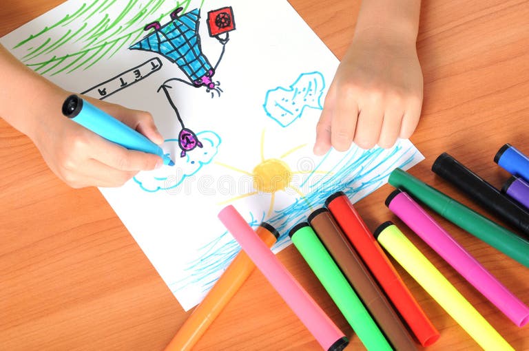 Boy Drawing on Paper with Crayons Stock Photo - Image of happy, draw ...
