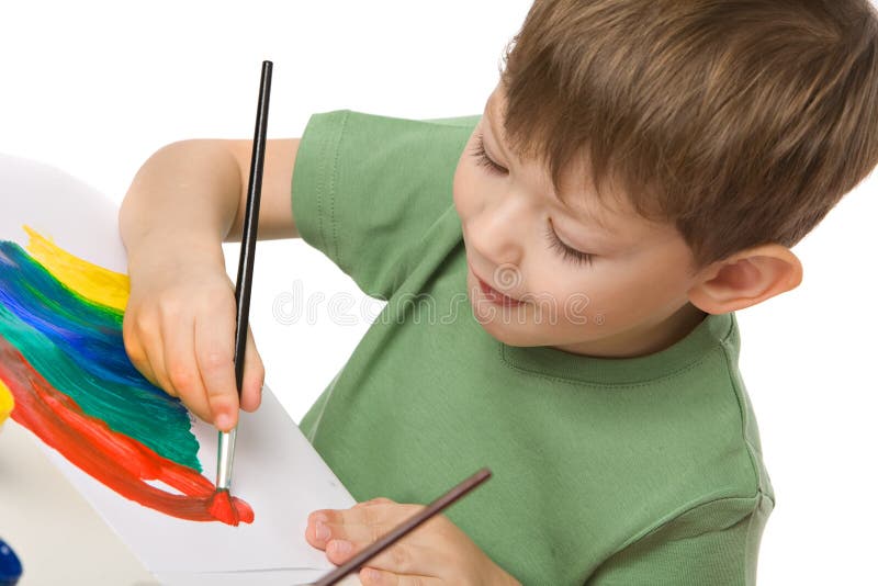 Boy draws with paints stock image. Image of face, colorful - 7486869