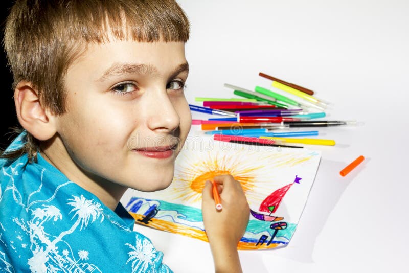 The Boy Draws a Picture Set of Multicolored Marker Stock Image - Image ...