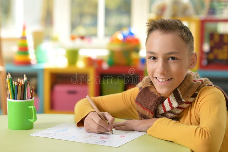 Boy Draws at the Table in the Room Stock Photo - Image of education ...