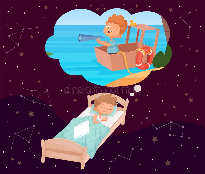 Boy Dreaming. Sleeping Kid Dreaming about Sea Adventures and Worldwide ...