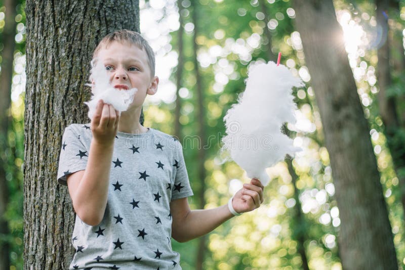 Boy 7-10 Eating Cotton Candy in Sunny Park, among Tall Trees on Green ...
