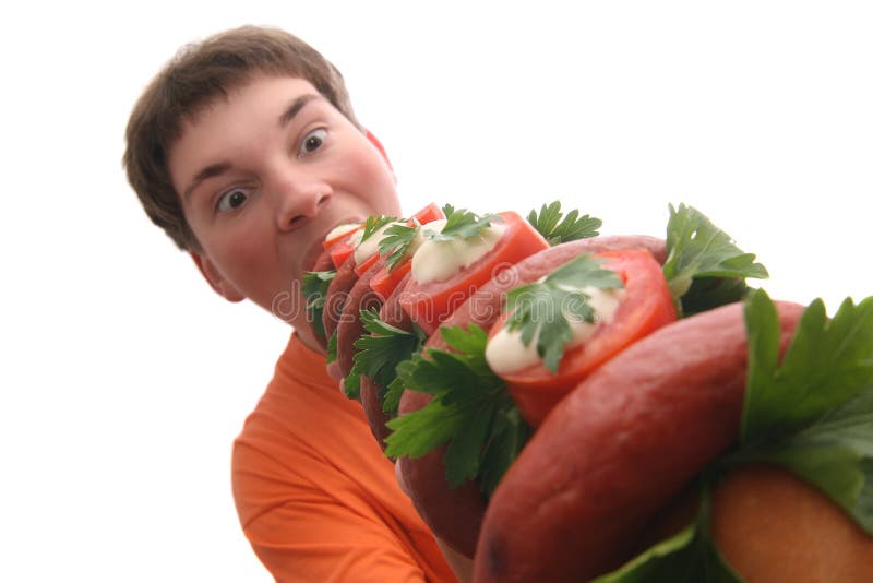 Boy eating crazy sandwich stock photo. Image of inside - 3160186