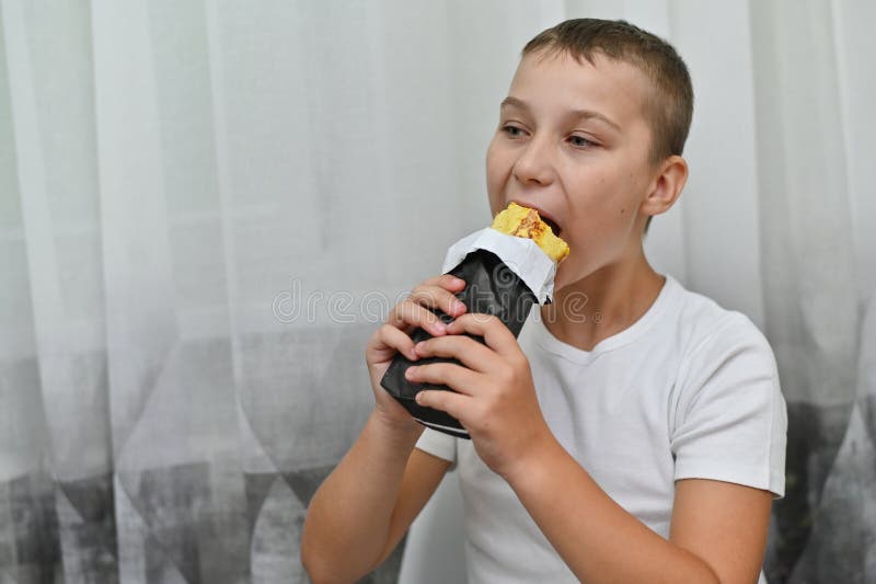 The Boy is Eating a Delicious Sandwich. Junk Food. Stock Image - Image ...