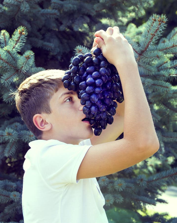 Boy eating grapes stock photo. Image of preschool, blue - 77608194