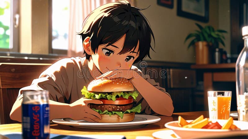 Boy Eating a Hamburger in a Cafe. 3D Rendering Stock Illustration ...