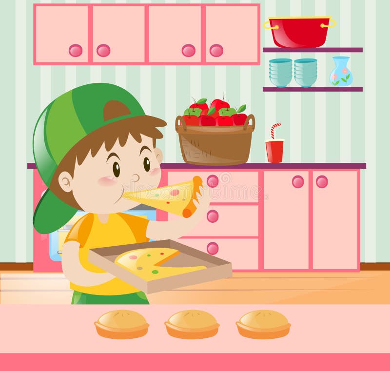 Boy Eating Pizza in Kitchen Stock Vector - Illustration of young, youth ...