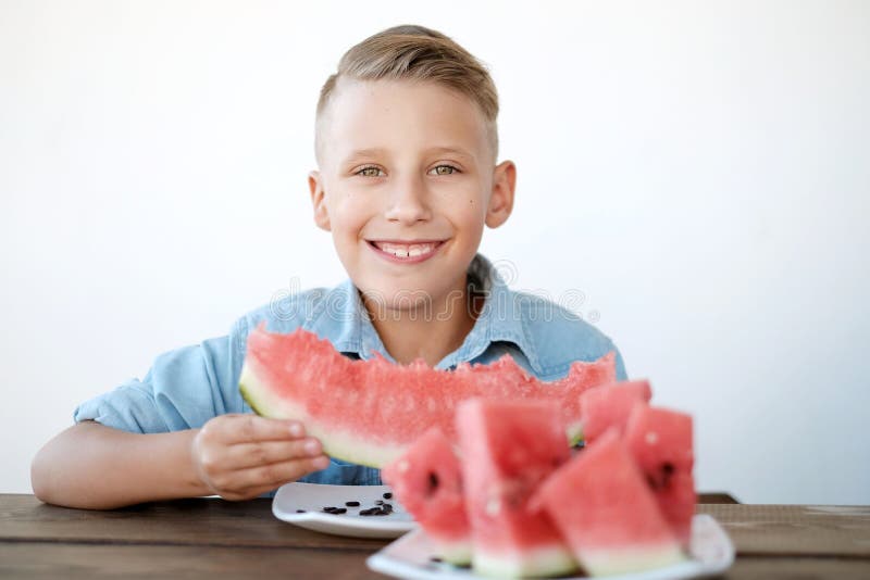 Boy is Eating Watermelon and Smiling Stock Image - Image of hold ...