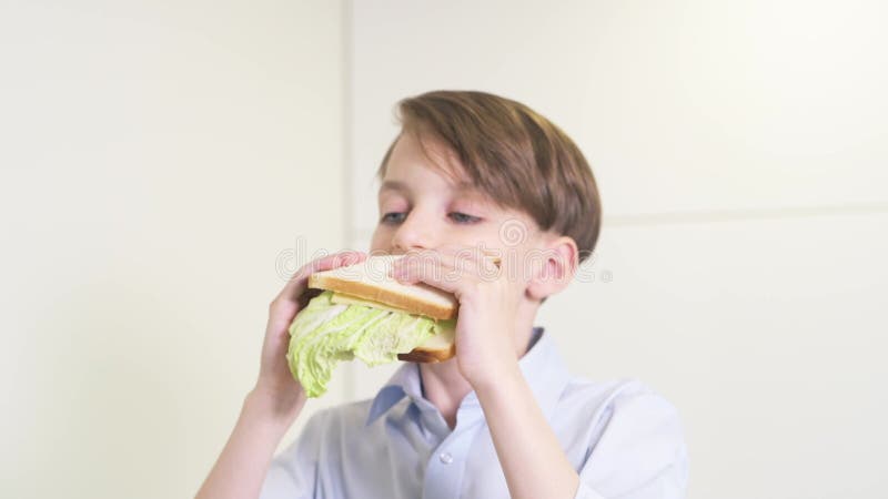 The Boy Eats a Delicious Sandwich of Toast Bread, Vegetables, Cheese ...