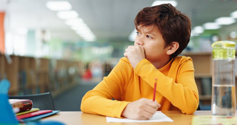 Boy, Education and Paper with Thinking at Library for Test, Study and ...