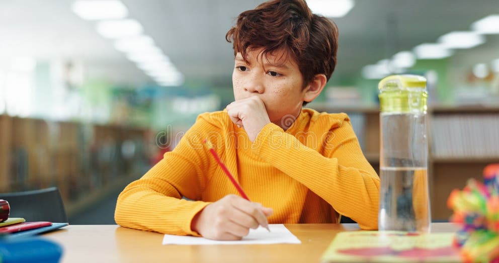 Boy, Education and Writing with Thinking at Library for Test, Study or ...