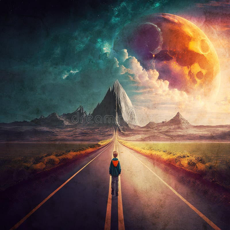 Boy on Empty Long Road, Abstract Art. Generative Ai Stock Illustration ...