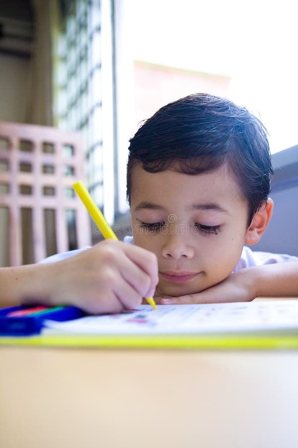 Boy Engross Doing His Writing Homework Stock Image - Image of learn ...