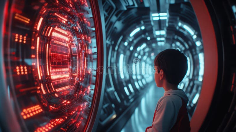 Boy Entranced by the Glow of Red Light, Captivating Exploration of ...