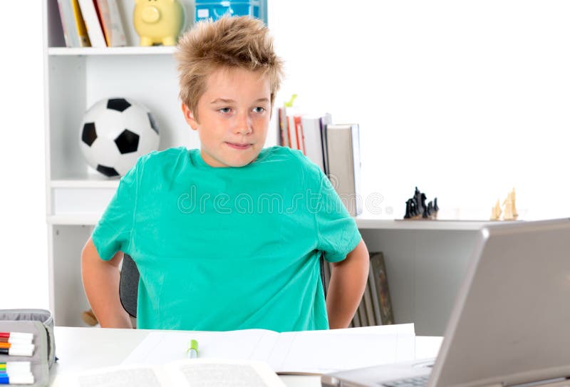 Boy with Exercise Book and PC on Tesk Stock Image - Image of computer ...