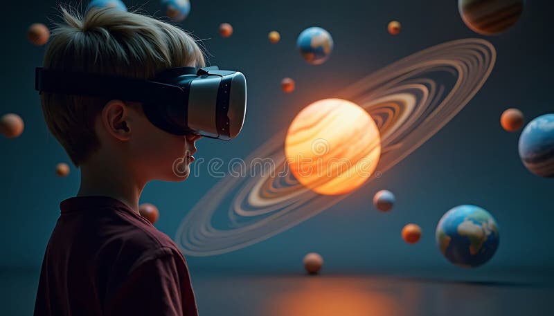 Boy Experiencing Virtual Reality among Planets and Rings in Futuristic ...