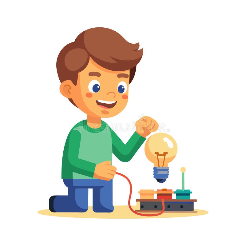 Boy Experimenting with Electricity and Light Bulb, Science Education ...