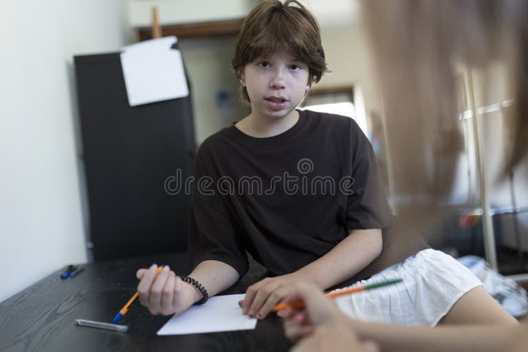 Boy Explaining Homework To Classmate at Home Stock Image - Image of ...
