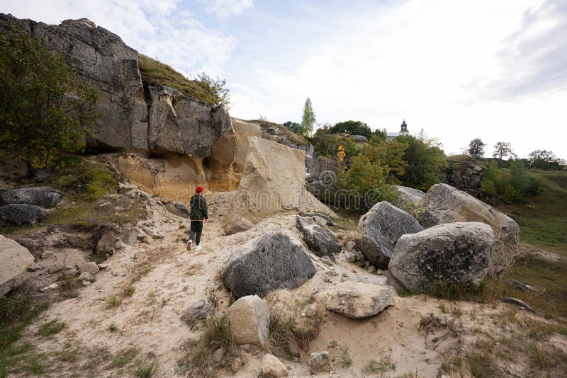 Boy Explore Limestone Stones at Mountain in Pidkamin, Ukraine Stock ...