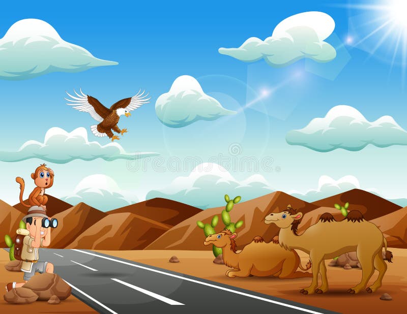Boy Explorer with Many Animal in the Sunny Desert Stock Vector ...