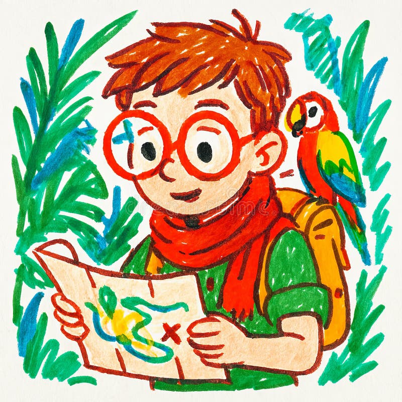 Boy Explorer Reading Treasure Map Stock Illustration - Illustration of ...