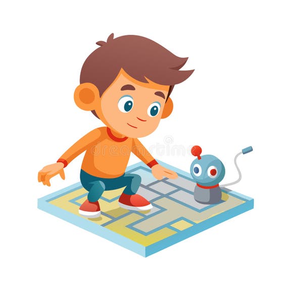 Boy Programming Robot on Maze Platform, Coding Education, Kids and Technology Stock Vector ...