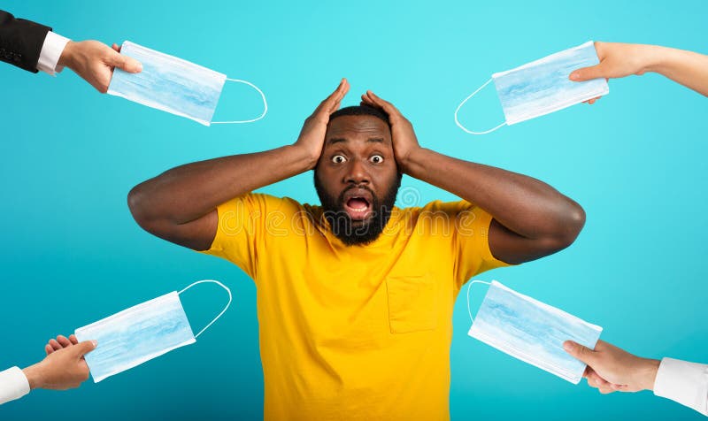 Boy with Face Mask is Tired and Stressed for Covid 19 Virus. Cyan ...