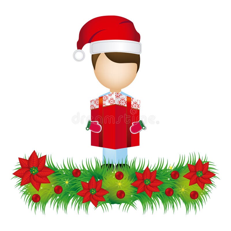 Boy Faceless with Gift and Wreath with Christmas Flowers Decorative ...