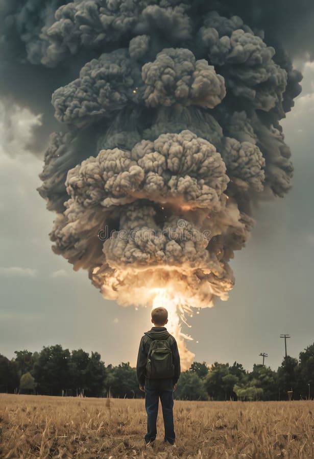 Back View Boy in the Field Looking an Atomic Warfare Explosion Stock ...