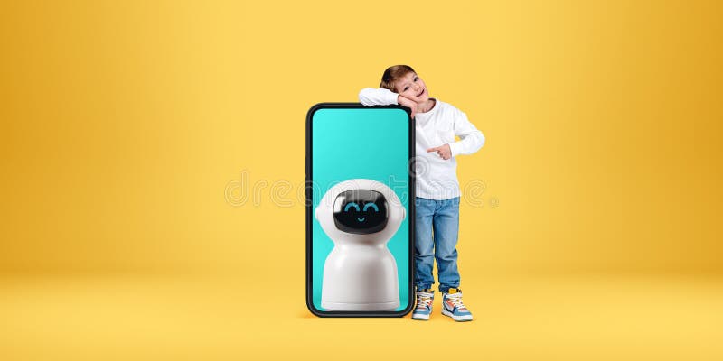 Boy Finger Point at Smartphone, AI Chat Bot in Large Smartphone Screen ...