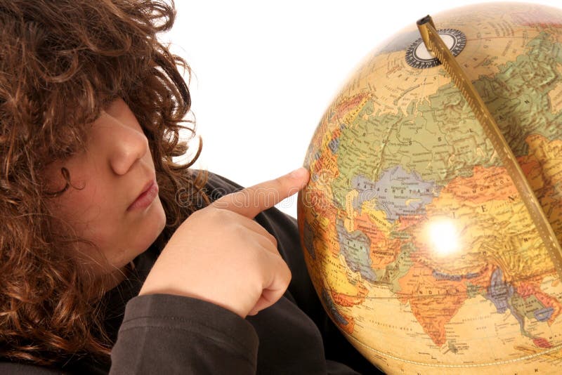 Boy Finger Pointing on World Globe Stock Image - Image of cartography ...