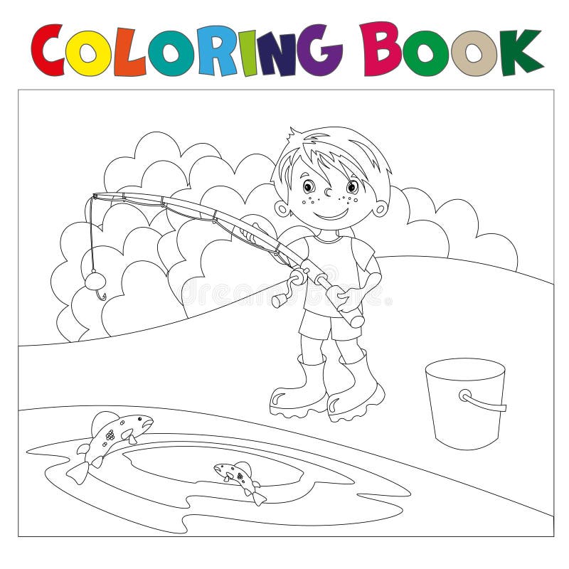 A Boy is Fishing. Book Coloring Book Stock Vector - Illustration of ...
