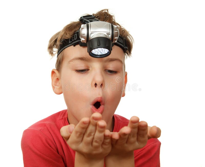Boy with Flashlight on His Head on White Stock Image - Image of object ...