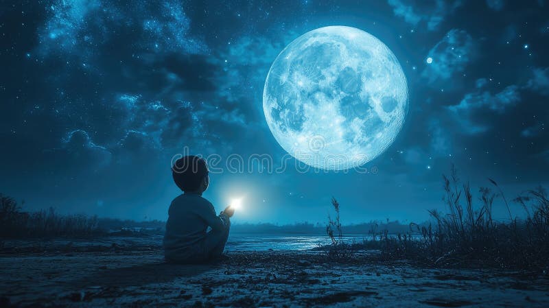 Boy with Flashlight Illuminates the Moon Stock Photo - Image of raster ...