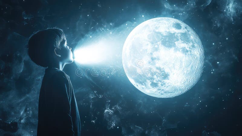Boy with Flashlight Illuminates the Moon Stock Image - Image of ...