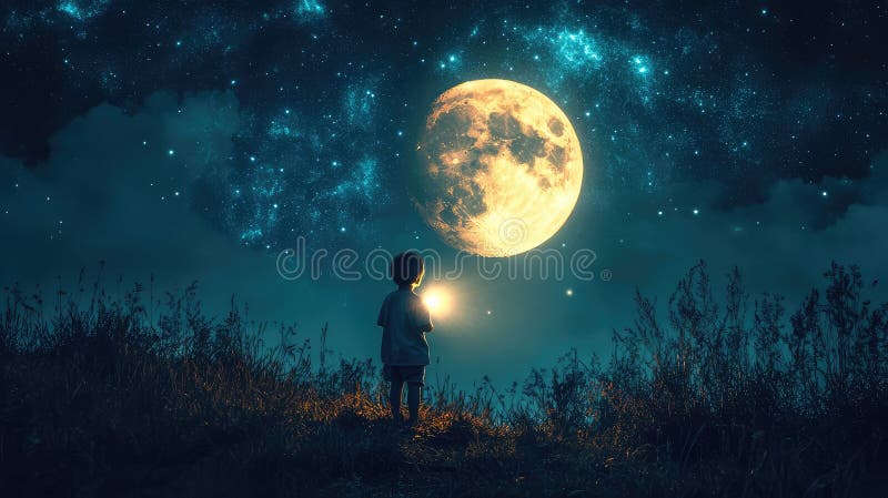 Boy with Flashlight Illuminates the Moon Stock Photo - Image of bright ...