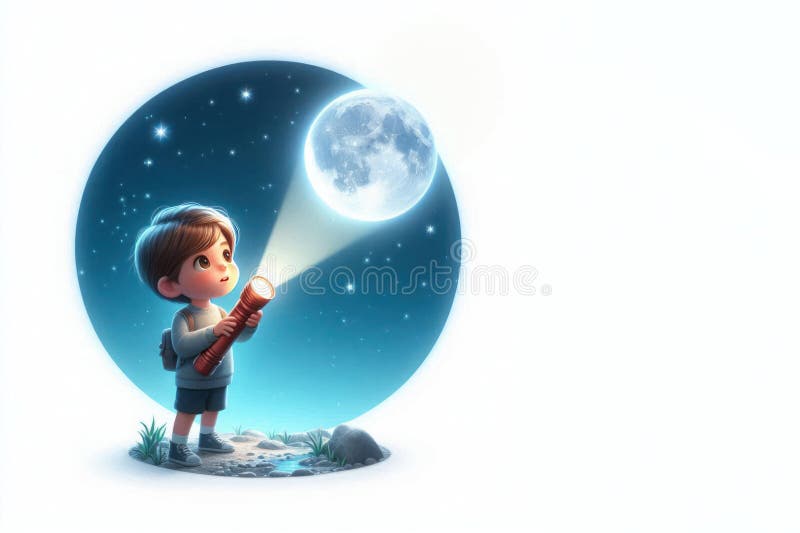 A Boy with a Flashlight Illuminates the Moon. Space for Text. Stock ...