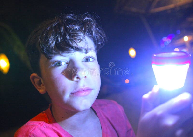 Boy with Flashlight on Night Stock Image - Image of backpack, boots ...