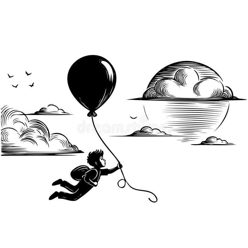 A Boy is Flying a Balloon in the Sky. Stock Illustration - Illustration ...