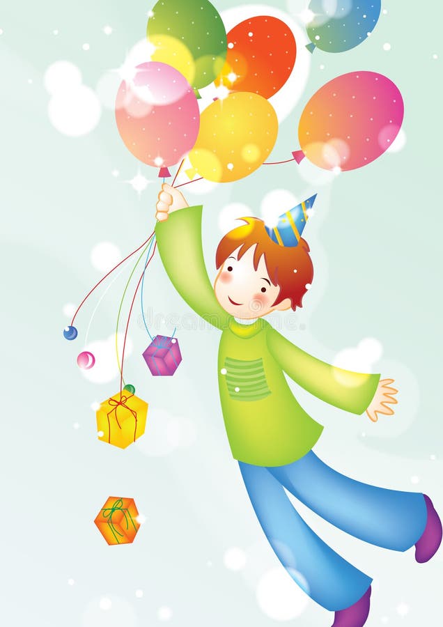 Boy Flying with Balloons. Vector Illustration Decorative Design Stock ...
