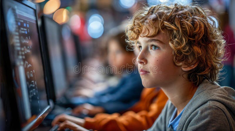 Boy Focused on Computer Screen in a Classroom Setting. Stock Photo ...