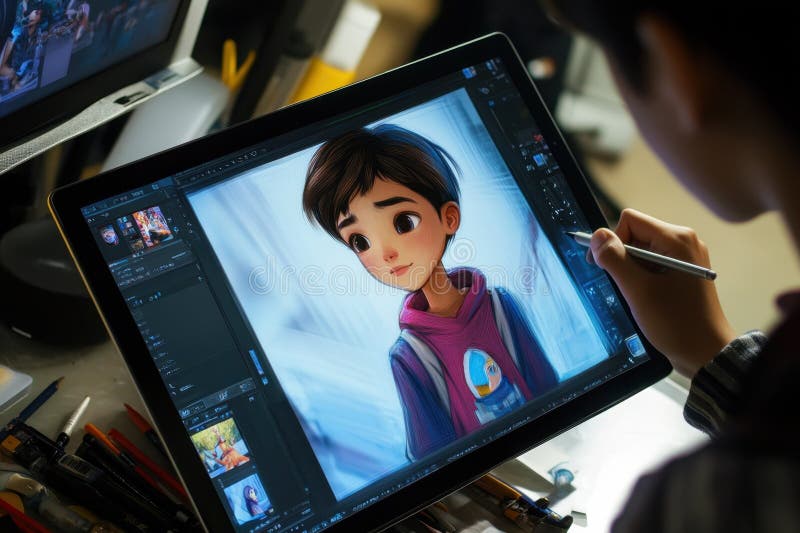 Boy Creating Digital Art of a Young Character in a Bright, Engaging ...