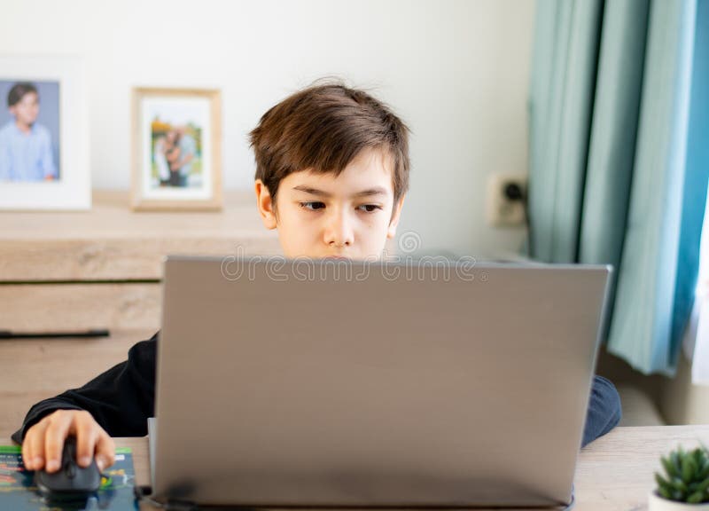 A Boy Working Homeschool with Computer Stock Image - Image of learn ...