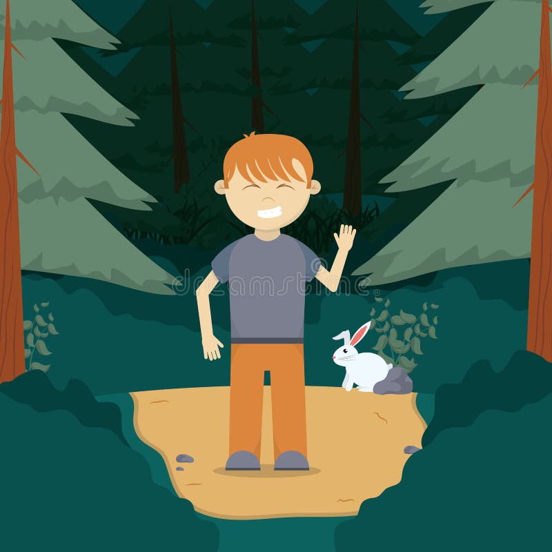Boy in the forest cartoon stock vector. Illustration of spring - 113099058