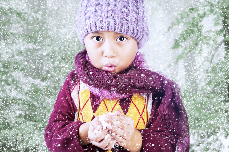 Boy is Freezing in Cold Winter Under Tree Stock Image - Image of ...